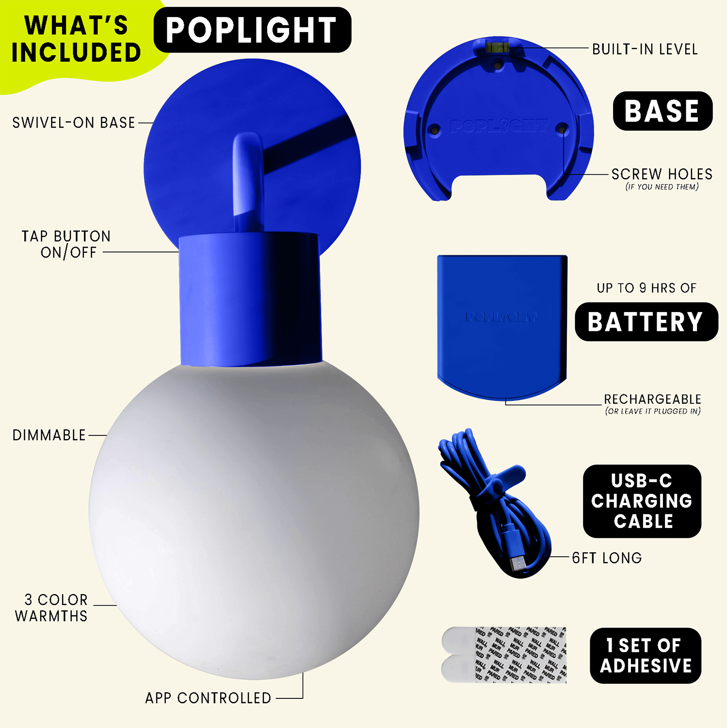 Blue Poplight: Cord free, Rechargeable Wall Lighting